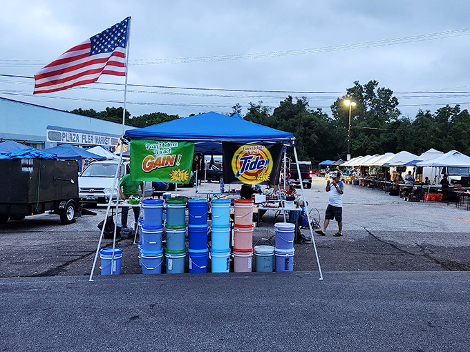 The American flag waves proudly over this treasure hunter's paradise, where weekend warriors gather to discover forgotten gems and unexpected bargains.