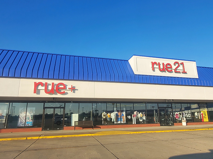 Rue21's bright signage promises fashion finds without wallet woes. The thrill of the hunt starts at the entrance.