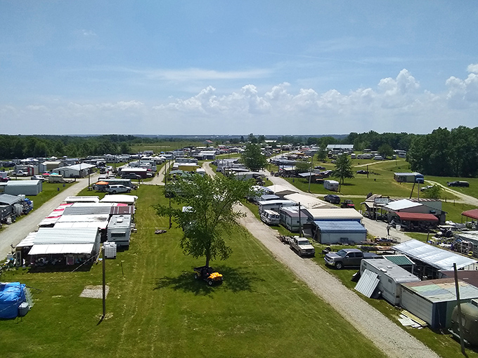 From above, Rutledge Flea Market resembles a small city that appears overnight. Hundreds of vendors create temporary neighborhoods where treasure hunters roam freely under Missouri skies.