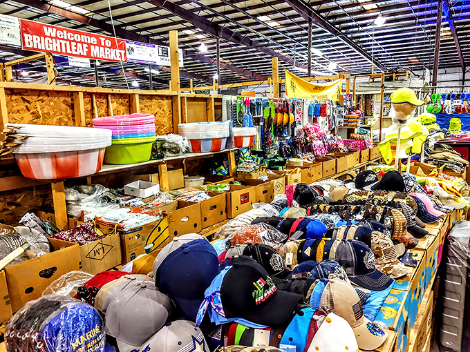 A treasure hunter's paradise awaits under the "Welcome to Brightleaf Market" sign, where colorful plastic tubs sit alongside endless rows of caps and trinkets.