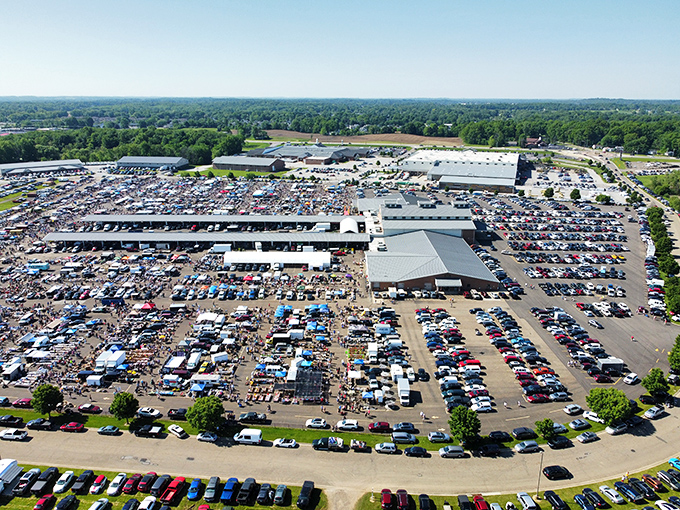 From above, the true scale of Hartville reveals itself&mdash;a small city of commerce where thousands gather weekly in this asphalt bazaar of possibilities.