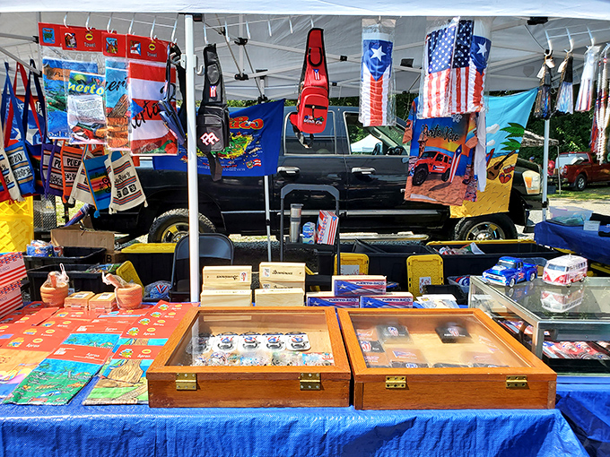 Treasure hunting at its finest! Tables overflow with colorful merchandise under white tents, where one person's castoffs become another's prized possessions.