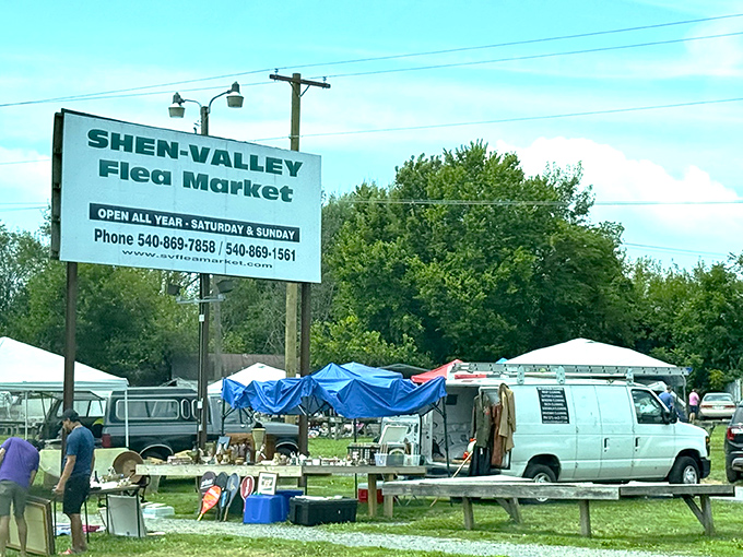 The gateway to treasure hunting! Shen-Valley's iconic sign promises weekend adventures year-round, standing tall against Virginia's blue skies like a beacon for bargain seekers.