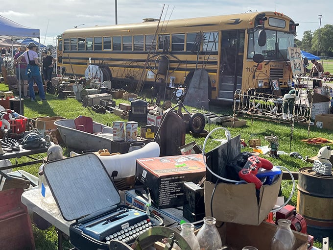 A yellow school bus finds retirement among treasures spread across the grass. Typewriters and vintage glass bottles await their second act in someone's carefully curated collection.