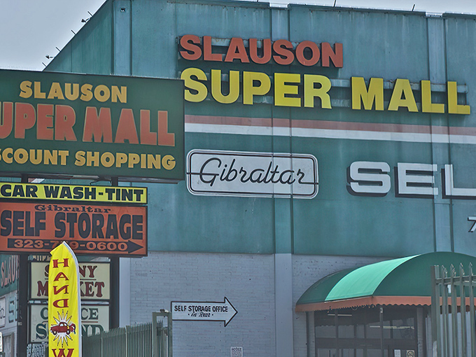 The iconic teal facade of Slauson Super Mall stands as a beacon for treasure hunters. Shopping malls may come and go, but this Los Angeles institution remains gloriously unchanged.