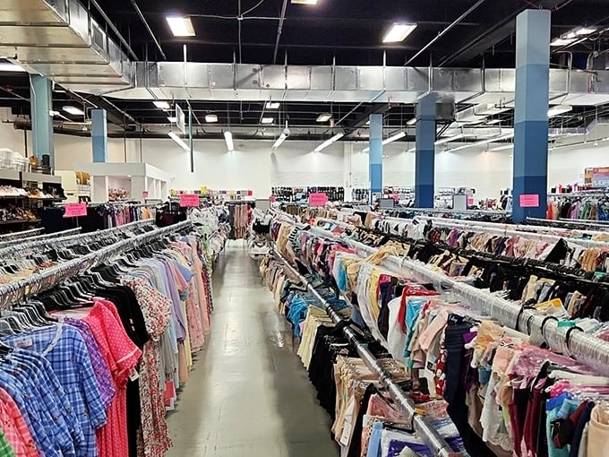 Inside the market's sprawling clothing section, endless racks offer fashion treasures waiting to be discovered at bargain prices.