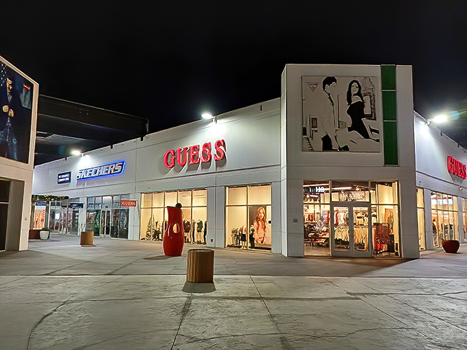 Nighttime retail therapy takes on a whole new meaning when Guess and Skechers light up the desert sky like Vegas without the gambling losses.