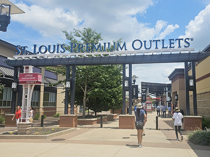 The grand entrance to St. Louis Premium Outlets welcomes shoppers with the promise of retail therapy and wallet-friendly designer finds.