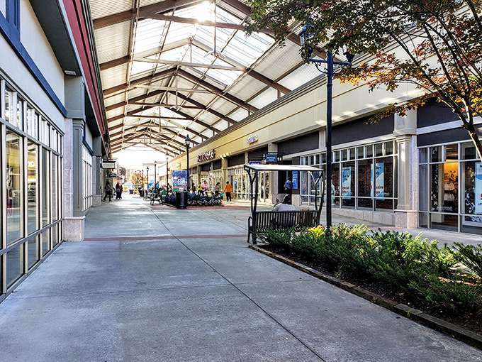 Wide, covered walkways make shopping comfortable in any weather. The architectural design strikes that perfect balance between functional and pleasant.