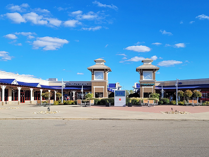 The grand entrance to shopping paradise awaits under Ohio's big blue sky. Architectural details hint at the bargain wonderland within.