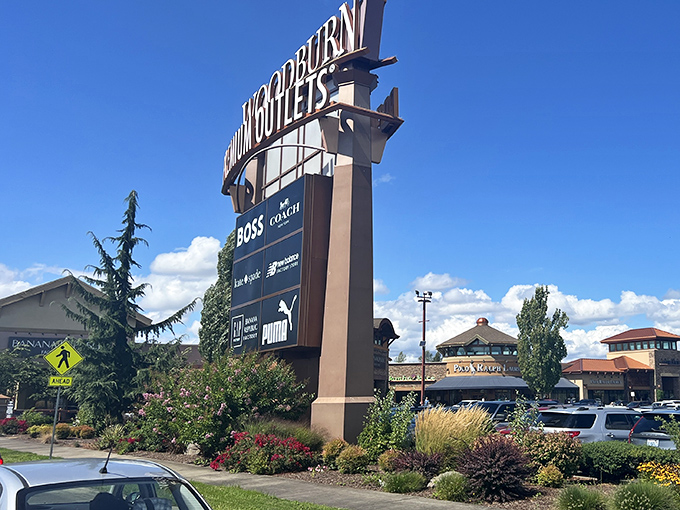 The covered walkways of Woodburn Premium Outlets offer shelter from Oregon's famous "liquid sunshine" while you hunt for bargains. Shopping paradise awaits!