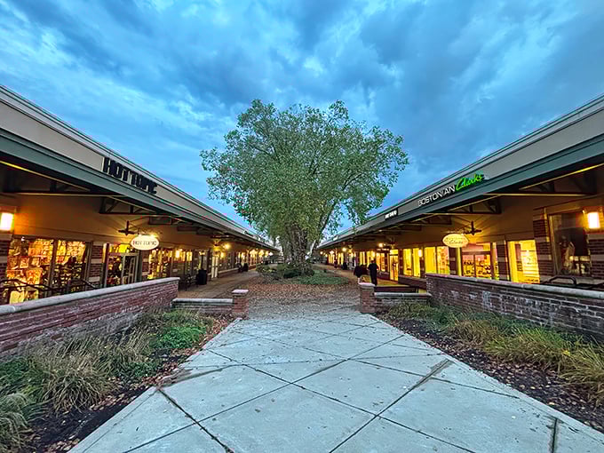 The twilight shopping hour at Grove City Premium Outlets, where storefronts beckon like old friends with promises of "just one more deal."
