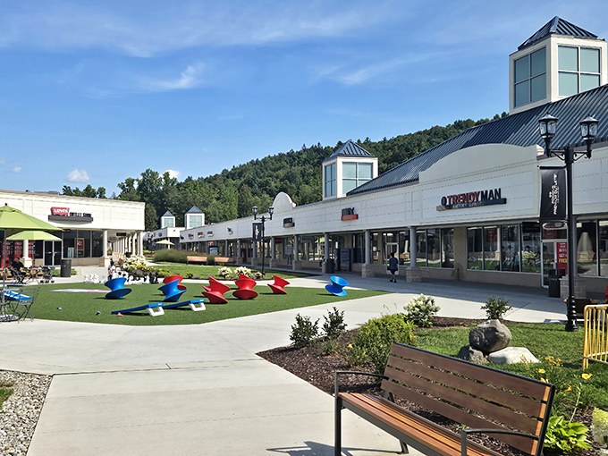 Shopping paradise meets mountain backdrop. The food court beckons weary bargain hunters with the universal promise of sustenance after a successful retail expedition.