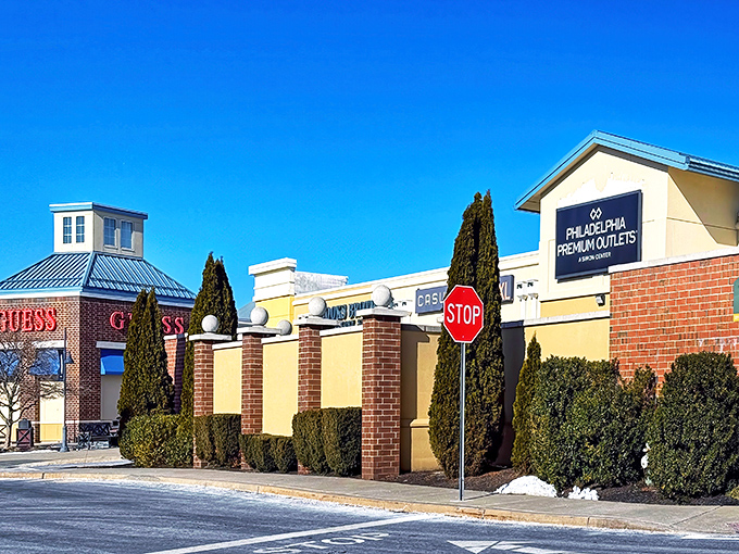 The retail promised land awaits! Philadelphia Premium Outlets' distinctive architecture combines function with just enough flair to say "your wallet is about to get lighter."