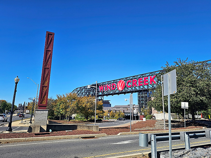 Approaching Wind Creek feels like discovering an industrial cathedral dedicated to the art of the deal, where steel heritage meets shopping paradise.