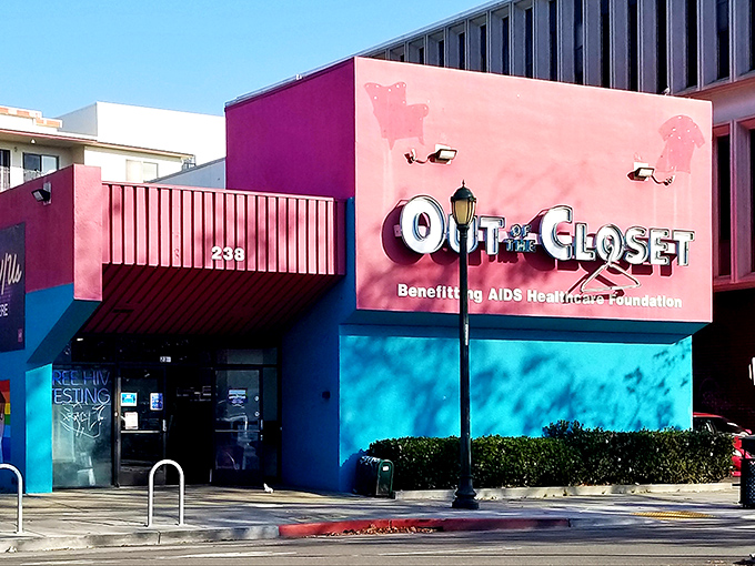 The unmistakable pink and blue fa&ccedil;ade of Out of the Closet in Oakland stands out like a beacon for bargain hunters and do-gooders alike.