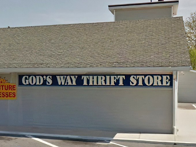 The bold blue signage of God's Way Thrift Store promises treasure hunting adventures that won't break the bank.