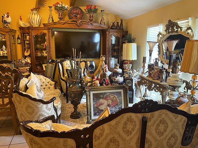 The living room time forgot! Ornate furniture and curated collectibles create a maximalist's dream at AZ Thrift, where yesterday's treasures await new stories.