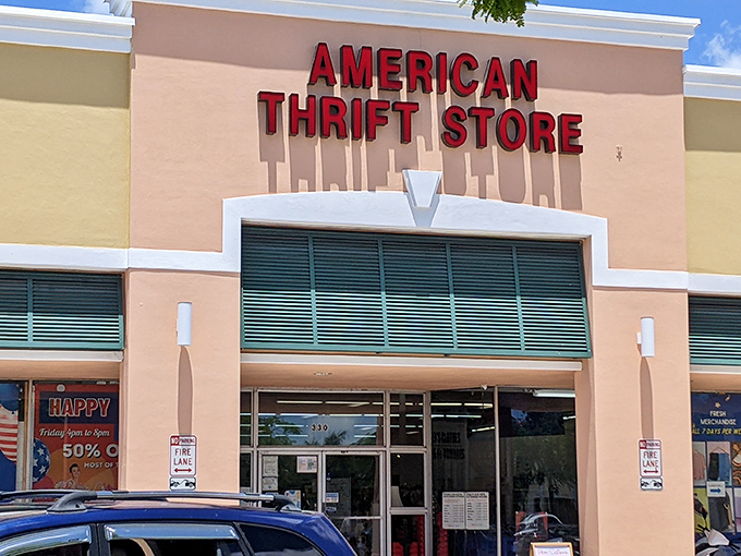 The peach-colored fa&ccedil;ade with bold red lettering promises treasure hunting adventures that would make Indiana Jones trade his whip for a shopping cart.