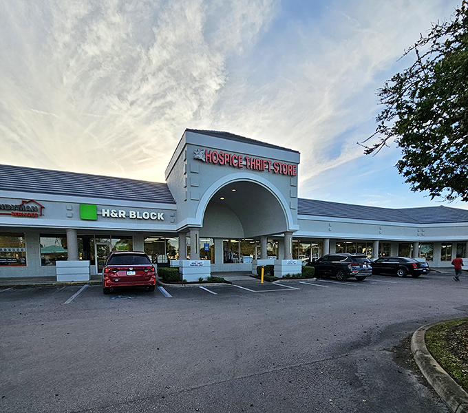 The grand entrance beckons bargain hunters with its distinctive archway and bright signage&mdash;Florida thrift shopping at its most inviting.