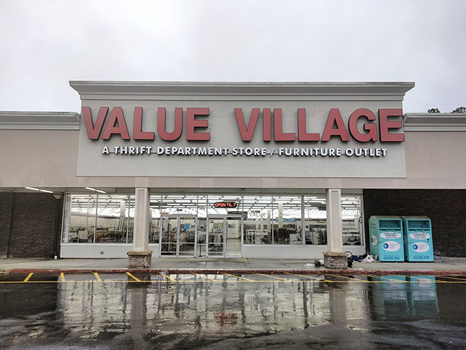 The glowing red sign beckons like a lighthouse for bargain hunters. Value Village stands ready to transform your wallet's frown upside down.