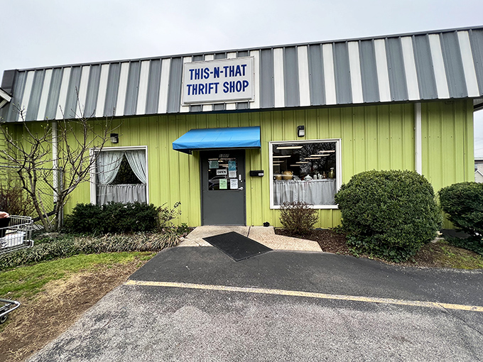 The lime-green exterior of This 'n That Thrift Shop stands out like a peacock at a penguin convention, beckoning bargain hunters with promises of treasures within.