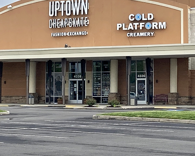 The storefront promises what's inside: fashion salvation for the style-conscious but budget-aware shopper. Cold Platform Creamery next door makes this a two-birds-one-stone destination.