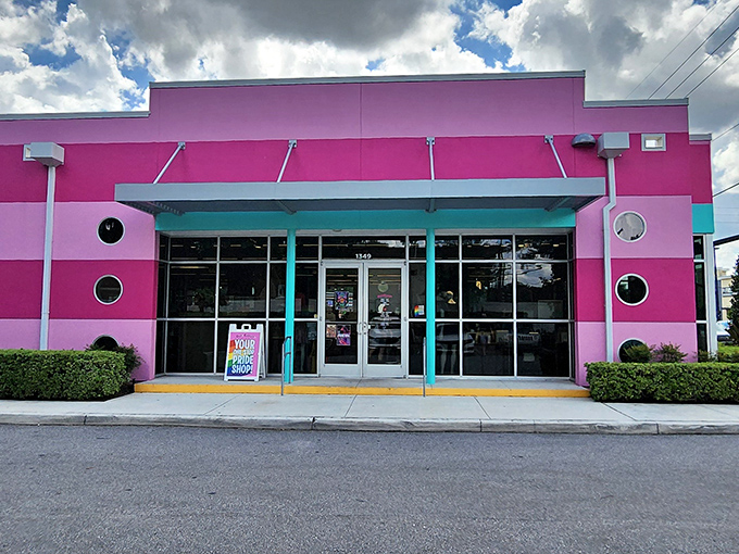 The pink palace of possibilities! Out of the Closet's unmistakable exterior stands out on Mills Avenue like a flamingo at a penguin convention.