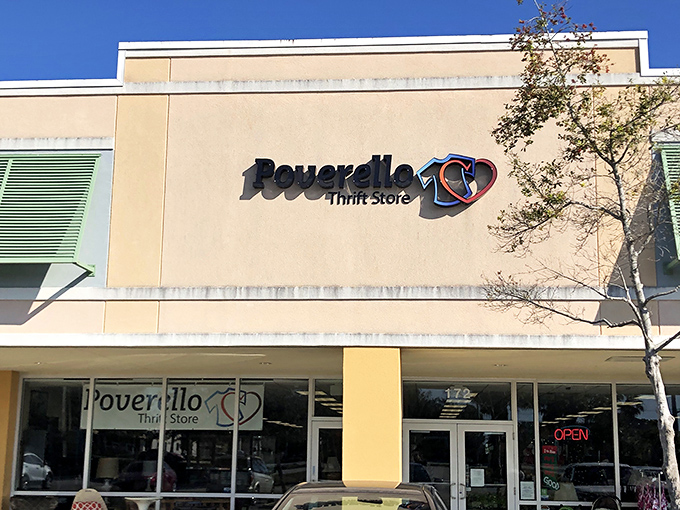 The unassuming exterior of Poverello 2 Thrift Store in Pompano Beach &ndash; where retail therapy meets actual therapy through community support.