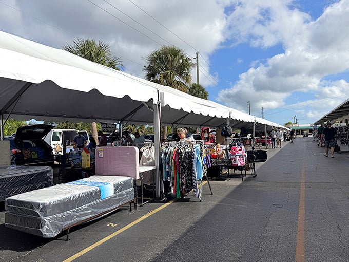 Rows of vendor stalls stretch into the distance under Florida's brilliant blue sky, promising treasures waiting to be discovered at every turn.