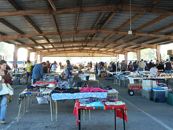 The Silver Moon sprawls across acres of asphalt, a treasure hunter's paradise where blue canopies create an impromptu cityscape of commerce and curiosity.