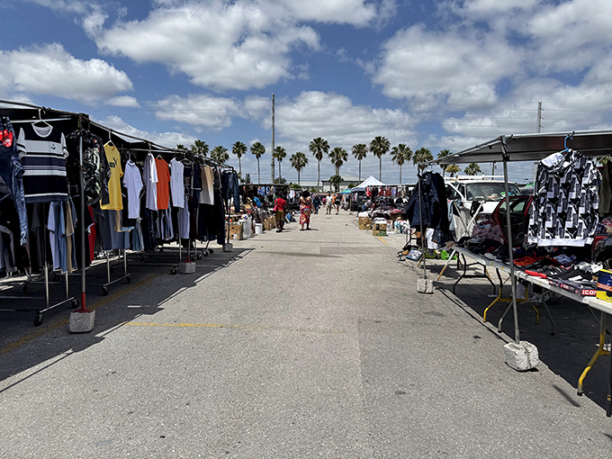 Treasure hunters paradise! Rows of vendor stalls stretch toward the horizon under Florida's brilliant blue sky, promising discoveries at every turn.