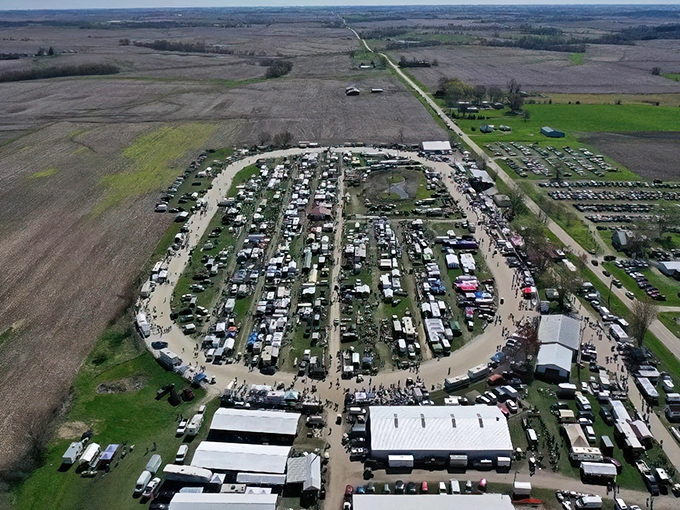 From above, the What Cheer Flea Market transforms Iowa farmland into a treasure hunter's paradise, a temporary city of possibilities where one person's past becomes another's future.