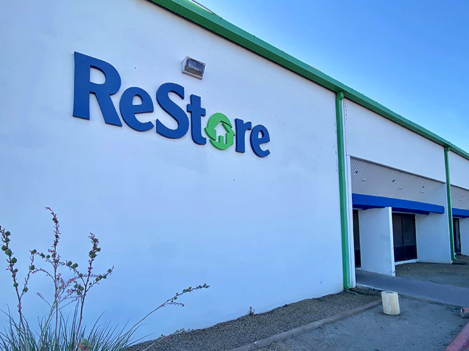 The iconic blue ReStore sign welcomes bargain hunters to this Phoenix treasure trove. Your wallet's happy place awaits inside!