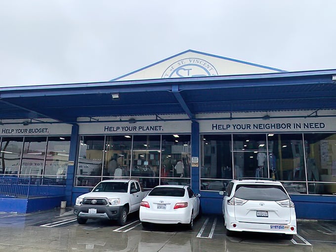 The bright blue exterior promises three simple joys: helping your budget, planet, and neighbors in need. Thrift store trinity!