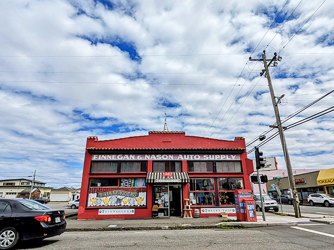 The iconic red exterior of Tailwaggers stands out like a beacon of bargain hope against Eureka's often gray skies.