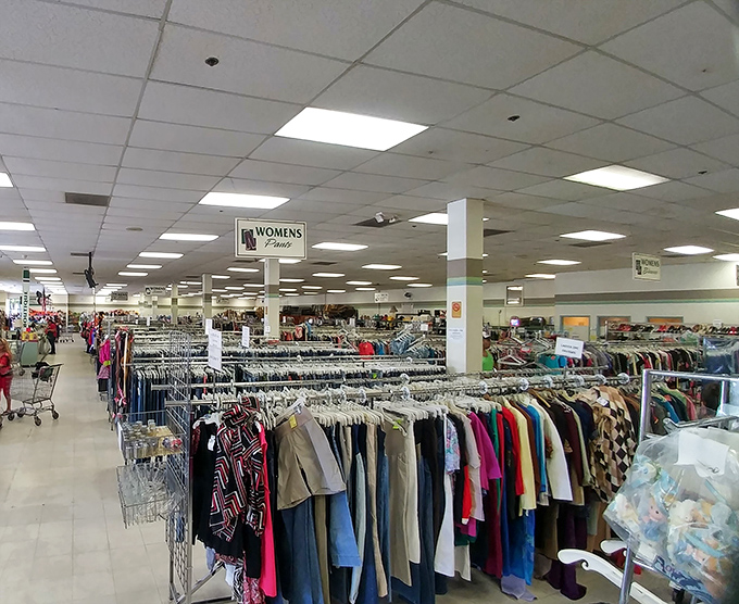 Rack after colorful rack stretches into the distance like a textile Grand Canyon. The women's section alone could outfit a small nation.