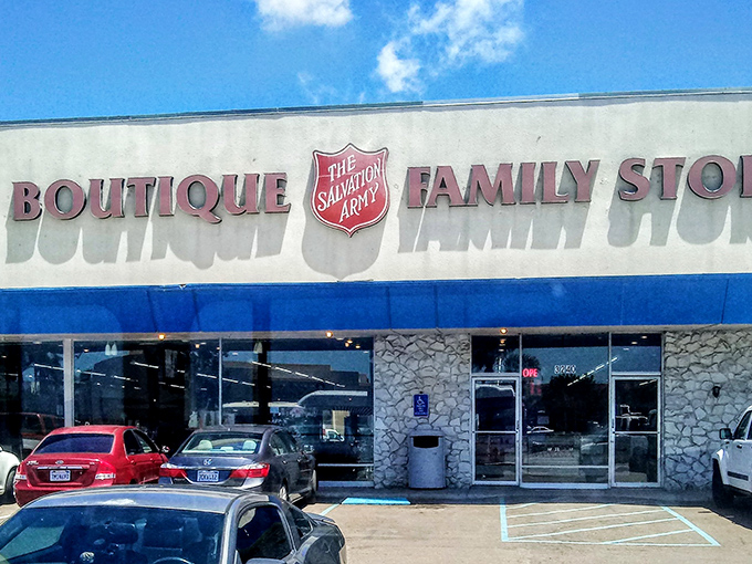 Under the California sun, the Salvation Army's distinctive red shield logo promises treasure hunting adventures that won't break the bank.