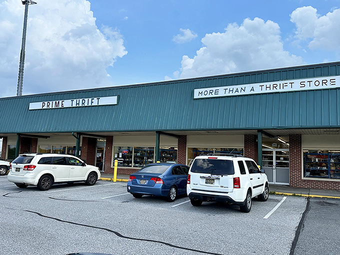Prime Thrift's unassuming exterior promises treasure within, like a green-roofed fortress guarding decades of American nostalgia just waiting to be discovered.
