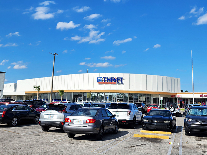 The unassuming exterior of Red White & Blue Thrift Store stands like a retail fortress in Hialeah, promising treasure hunters adventures that big-box stores can't deliver.