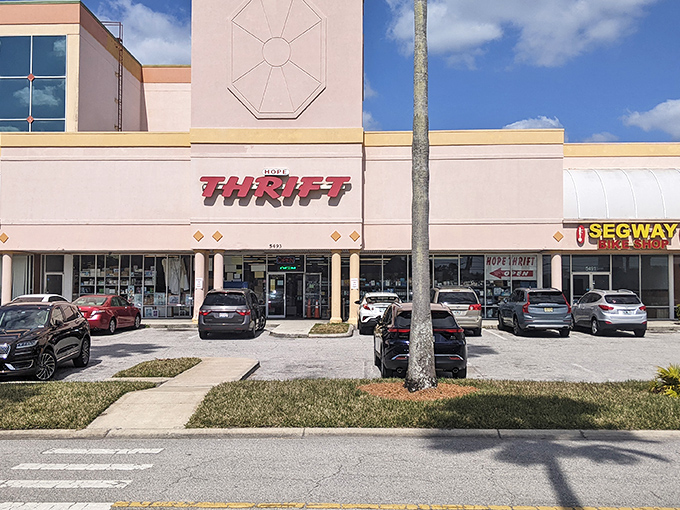 The bold red letters of Hope Thrift beckon like a siren song to bargain hunters. Your wallet's about to have a very good day.