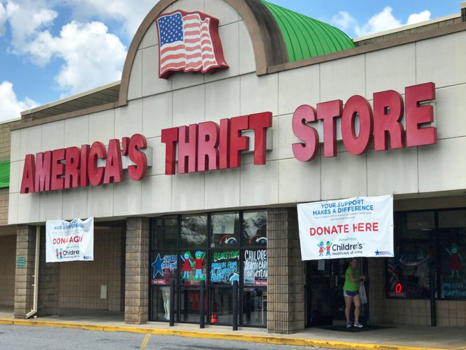 The mothership has landed! America's Thrift Store in Athens welcomes bargain hunters with its iconic red signage and American flag logo.
