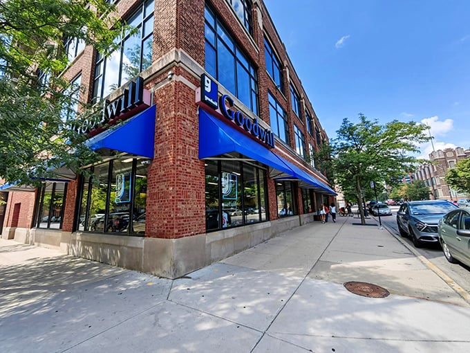 The iconic blue awnings of Chicago's Goodwill beckon like a retail oasis, promising treasures within those brick walls for the savvy urban explorer.