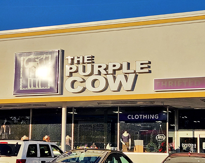Like a beacon for bargain lovers, The Purple Cow's distinctive logo and name stand out against the Baton Rouge sky, promising adventures in pre-loved paradise.