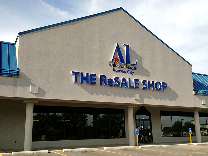 The iconic blue-roofed facade of THE ReSALE SHOP stands like a beacon for bargain hunters, promising treasures within that won't break the bank.