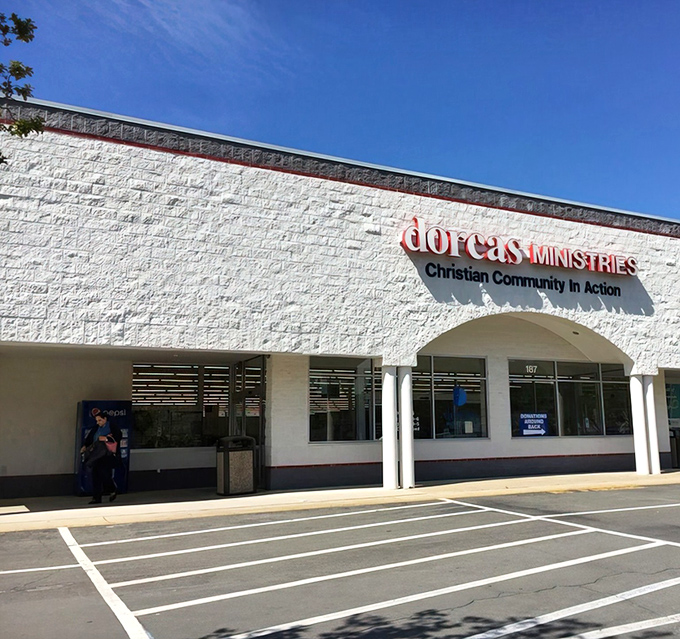 The unassuming exterior of Dorcas Ministries hides a treasure trove within. Like finding an entire amusement park inside what looks like a regular ticket booth!