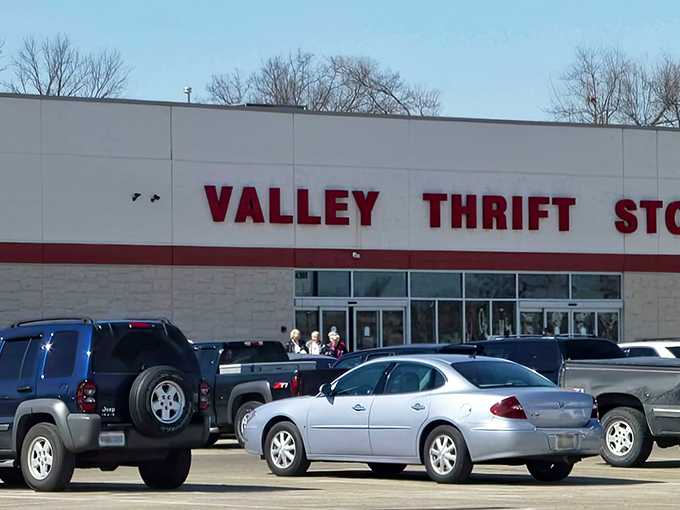 The Valley Thrift Store exterior beckons with its bold red signage, a siren call to bargain hunters across Butler County and beyond.