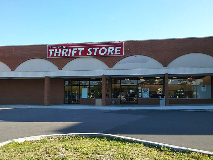 The brick facade with its bold red signage promises treasure hunting adventures that begin the moment you step through those doors.