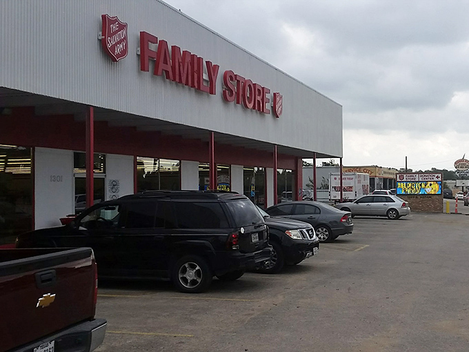 The iconic red signage of the Salvation Army Family Store beckons bargain hunters like a retail lighthouse in a sea of overpriced shopping options.