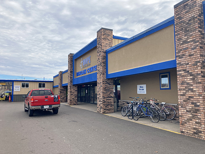 The bright blue facade of Hope Gospel Mission Bargain Center stands like a beacon for bargain hunters&mdash;Wisconsin's thrift paradise awaits behind those doors.